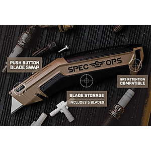 Spec Ops Tools Utility Knife with Retractable Blade, Includes 5 Extra Blades in Handle Storage