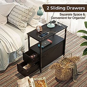 Rolanstar Computer Desk L Shaped 59'' with LED Lights and Power Outlets, Reversible L Shaped Gaming Desk Bundle End Table with Charging Station, Narrow Side Table with 2 Wooden Drawers