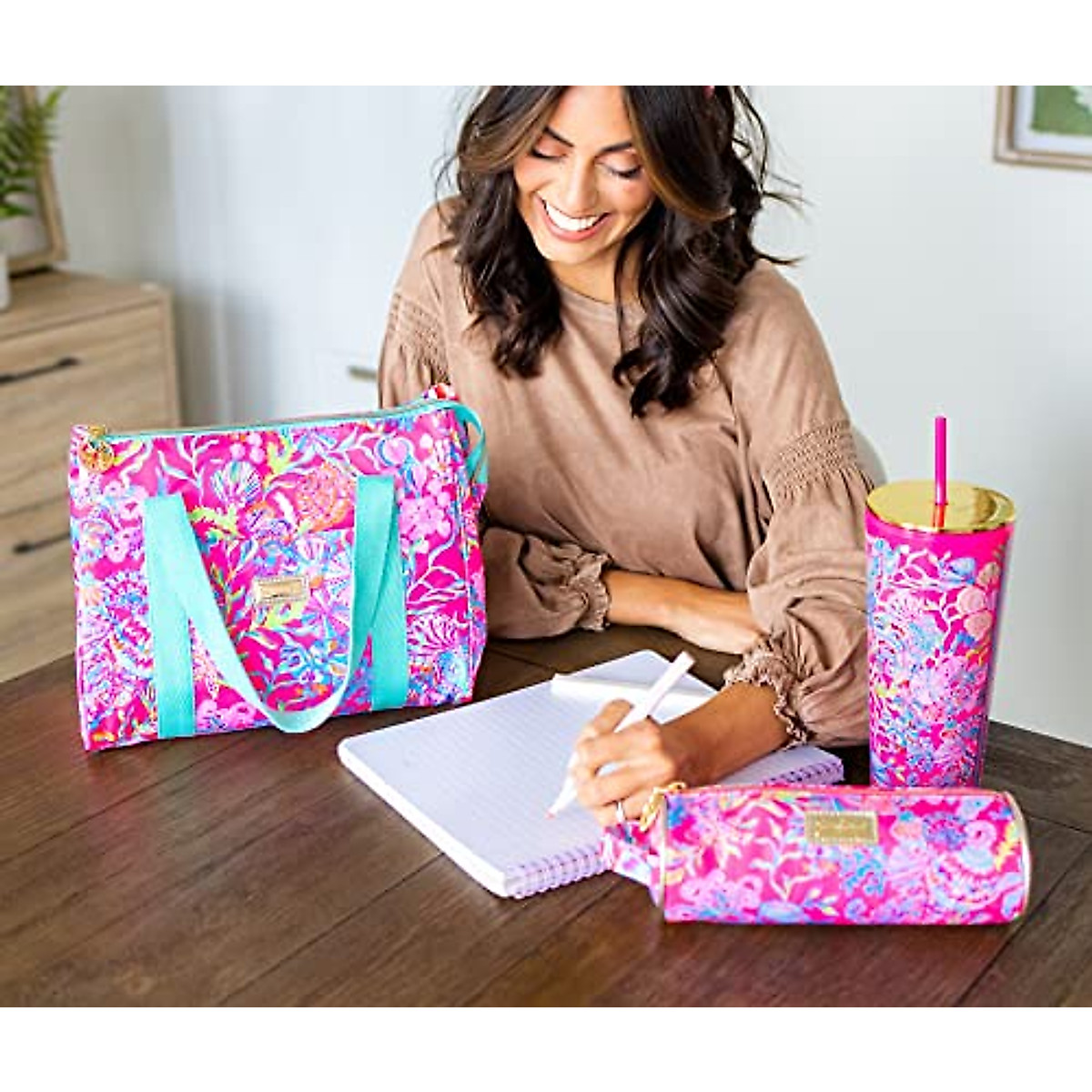 Lilly Pulitzer Cute Lunch Bag for Women, Large Capacity Insulated Tote Bag, Pink Mini Cooler with Storage Pocket and Shoulder Straps, Shell Me Something Good