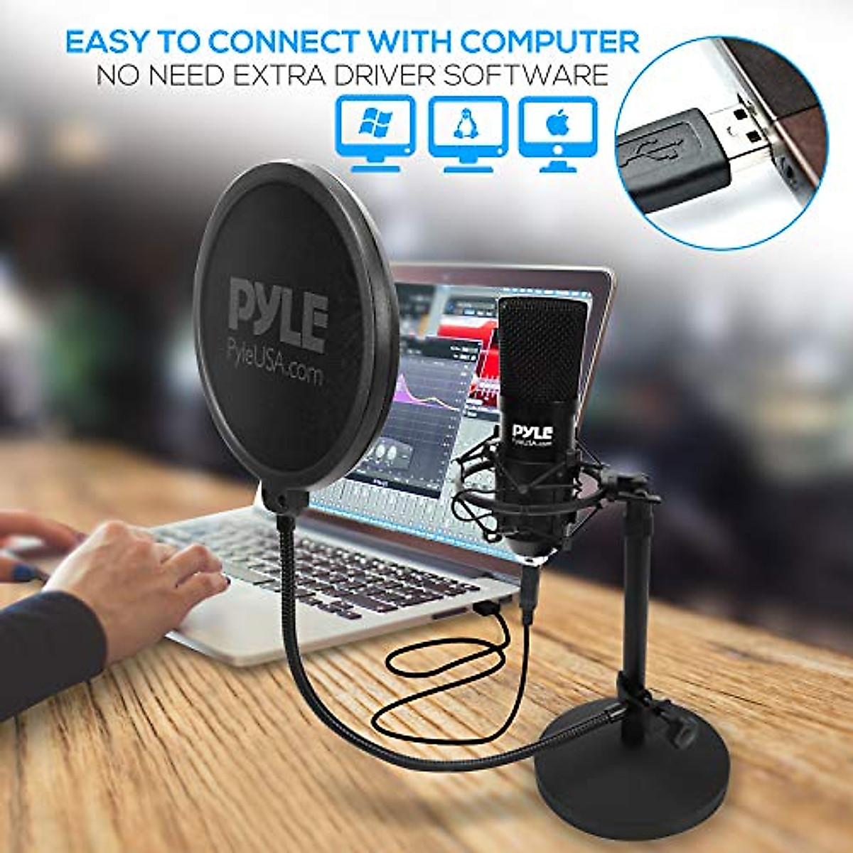 Pyle USB Microphone Podcast Recording Kit - Audio Cardioid Condenser Mic w/Desktop Stand and Pop Filter - for Gaming PS4, Streaming, Podcasting, Studio, YouTube, Works w/Windows Mac PC PDMIKT120