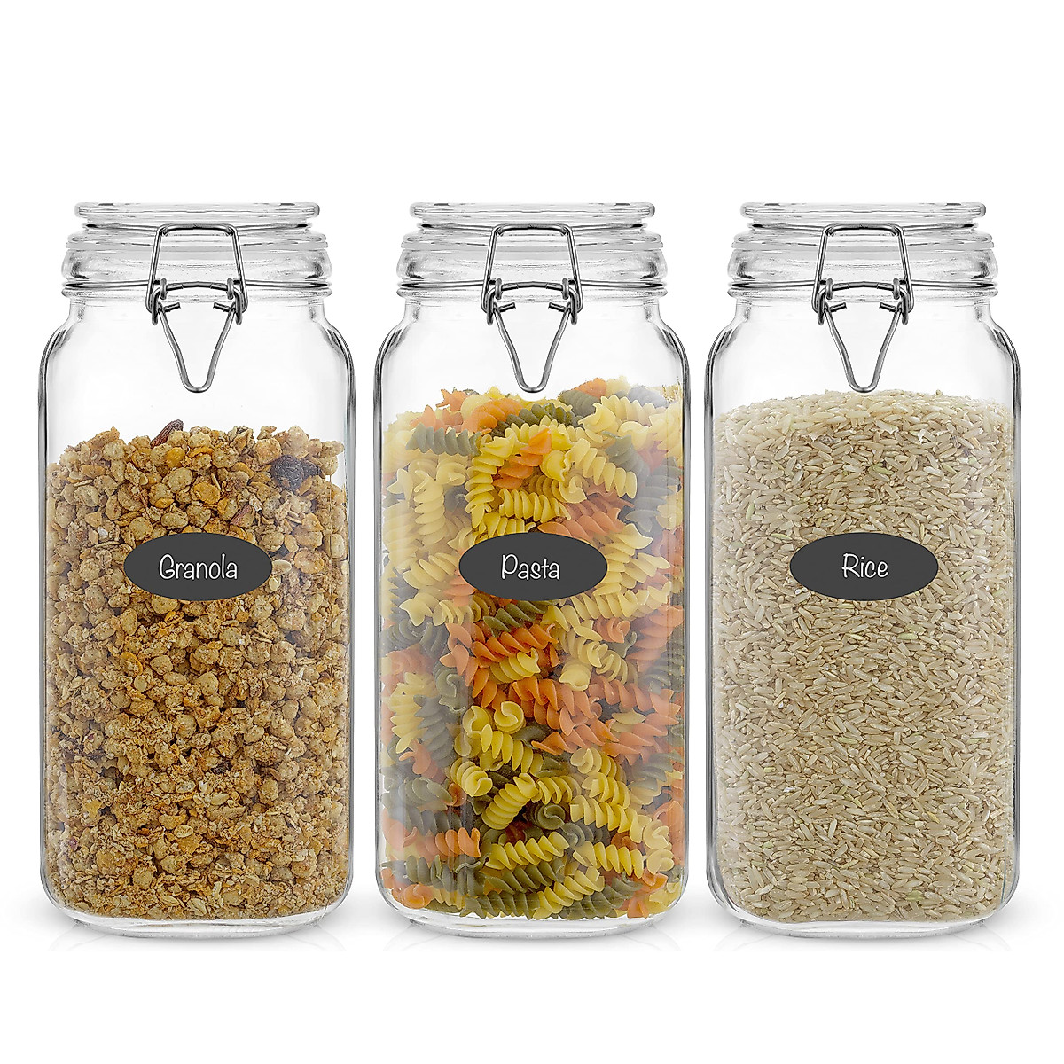 Airtight Glass Jars with Lids Set of 3. 78oz Glass Jar with Lid and 6 Silicone Seals! Large Glass Food Storage Containers. Square Mason Jar, Candy Jar, Flour Jar, Pasta Containers for Pantry