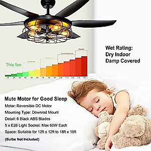 Ohniyou Ceiling Fans with Lights and Remote - 52 Inch Farmhouse Ceiling Fan with Caged Light Fixture - Black Industrial Outdoor Ceiling Fan Lights for Patio, Living Room, Kitchen & Bedroom