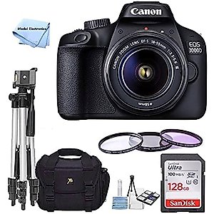 EOS 3000D / Rebel T100 DSLR Camera with EF-S 18-55mm Zoom Lens + SanDisk 128GB Memory Card + Full Size Tripod + Case + 58mm Filter KIt + Model Electronics Cloth (Renewed)