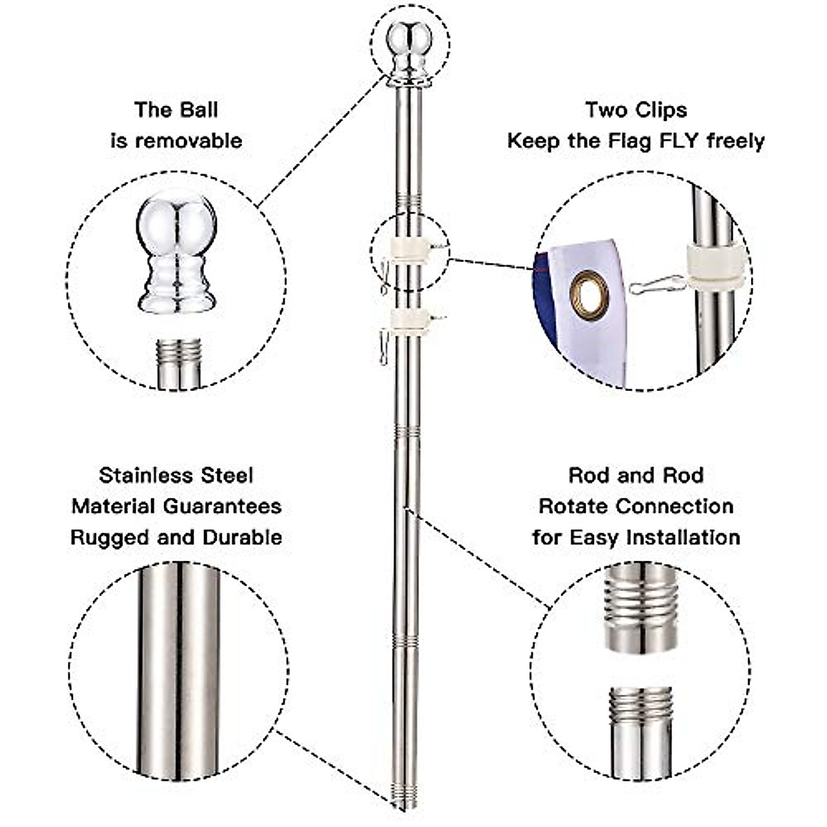 PHITRIC 6 FT Flag Pole for Kit (2 Packs), Tangle Free Spinning Stainless Steel Flagpole, Suitable for 3x5 Heavy Garden Flag 1" Dia Flag Pole for House, Wall-Mounted (Without Bracket,Silver)