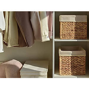 StorageWorks Wicker Storage Cubes with Liners, Water Hyacinth Storage Baskets for Shelving, Handwoven Square Baskets with Built-in Handles, Medium, 4 Pack