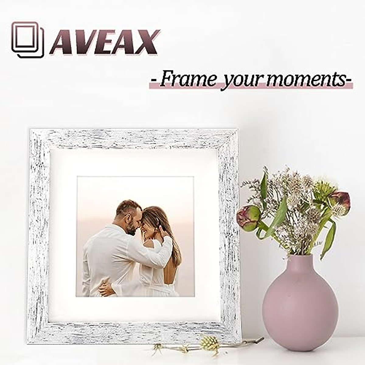 AVEAX 6x6 Picture Frame Display Pictures 4x4 with Mat or 6x6 Without Mat, Set of 4 Square Photo Frame for Wall or Tabletop White