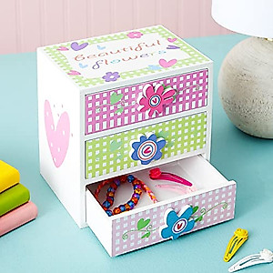 Small Floral Little Girls Jewelry Box with 3 Drawers and Flower Knobs, Square Wooden Organizer for Necklaces, Earrings, Rings, Kids Ages 4-13 Hair Accessory Storage (6 x 4.5 In)