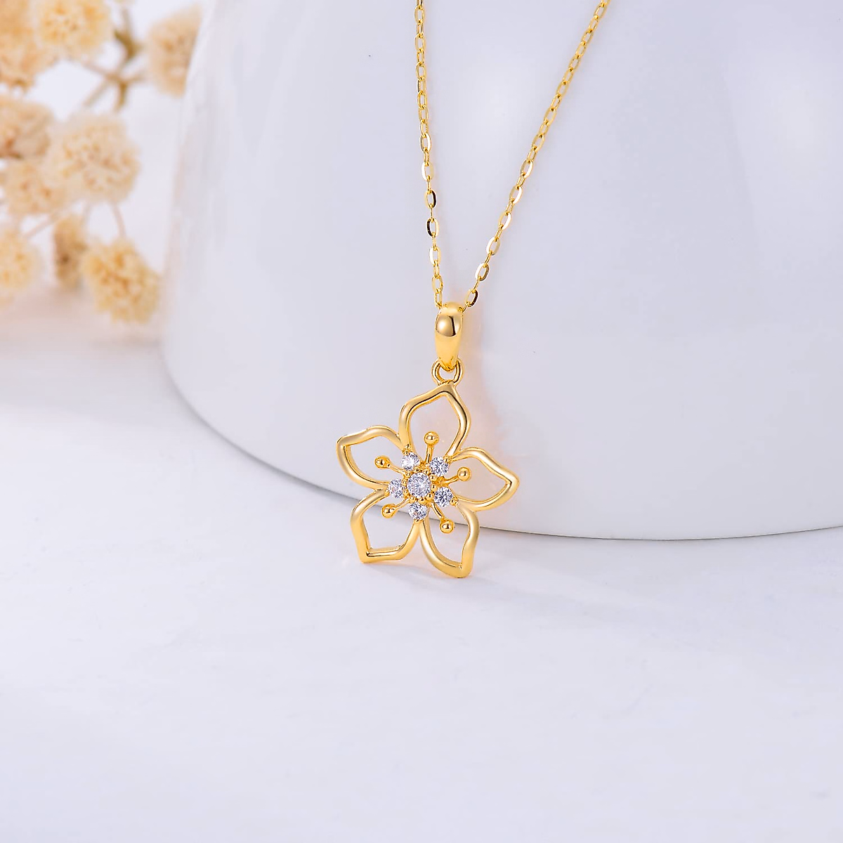 Rikelus 14k Real Gold Cherry Blossom Necklace for Women,Yellow Gold flower Pendant Necklace with moissanite Gifts for Birthday Christmas 16+2 inch