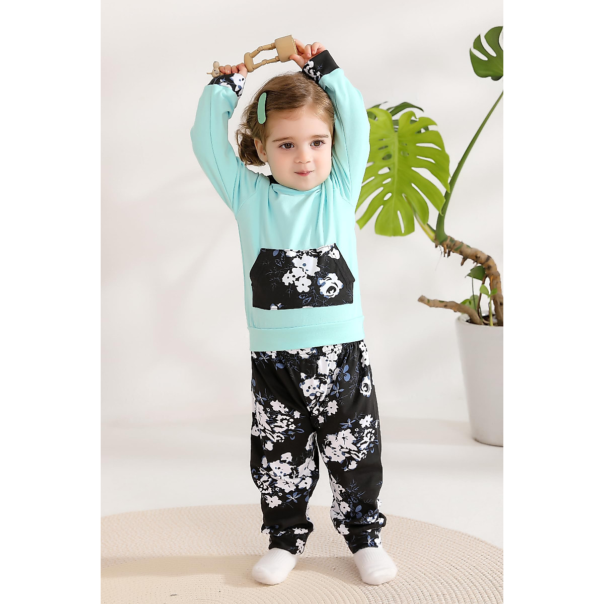 HAPPYMA HappMA Infant Baby Girl Fall Outfits Long Sleeve Floral Hoodie Tops Pants Clothes Set 6-12(80), Green+black, 6-12 Months