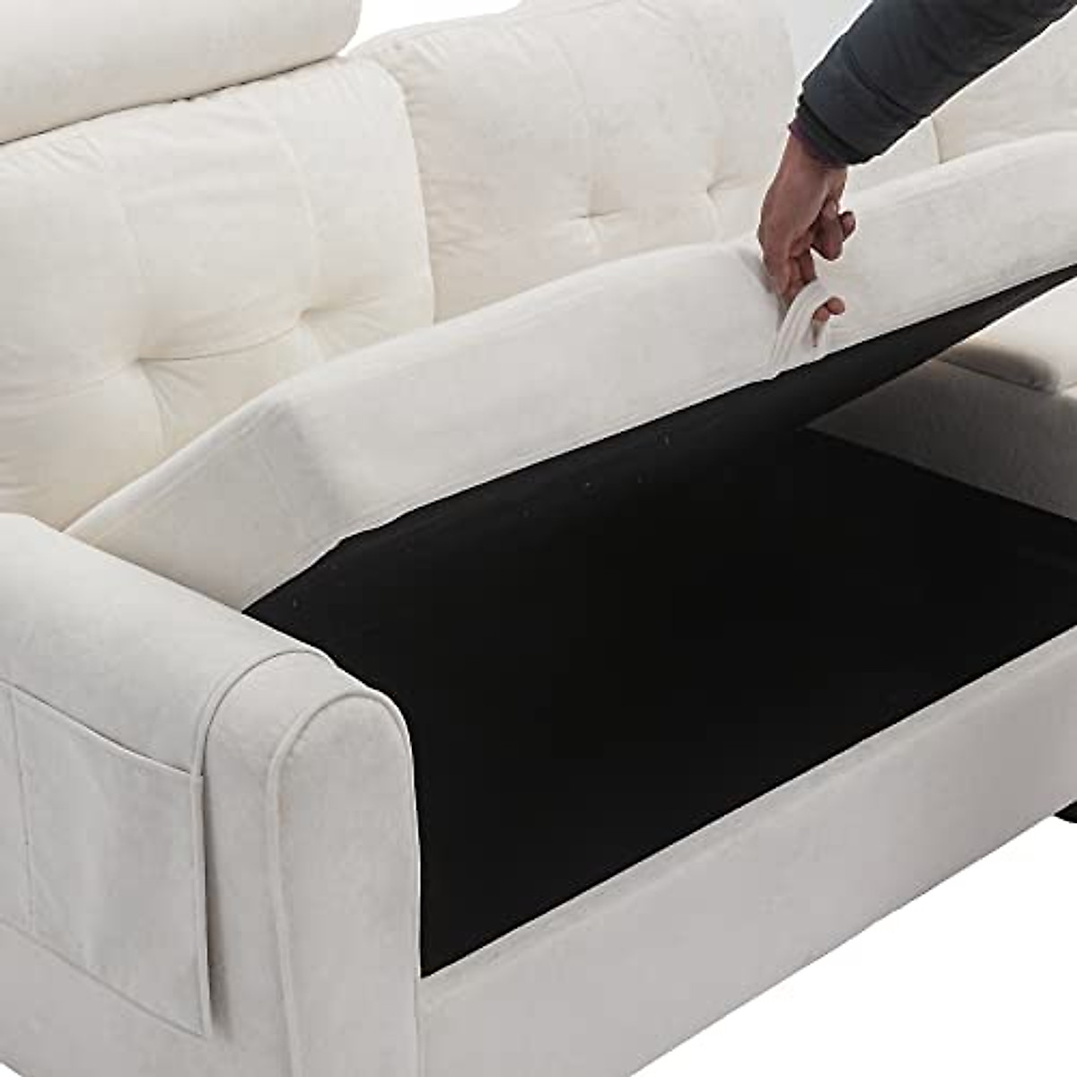 FANYE L-Shaped Corner Sectional Reversible Storage Chaise, Modern Convertible Sofa & Couch W/Headrest and Cupholders for Home Apartment Office Living Room, White Polyester