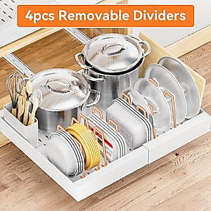 Expandable Pull Out Cabinet Organizer - Slide Out Cabinet Drawer Adhesive Kitchen Sliding Drawers with 4pcs Divider Racks for Pantry Bathroom Under Sink Home Storage, Width 12.2"-20.7"，White