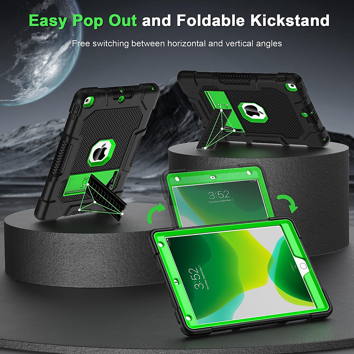 TIMISM 3-Layer Protective Case for iPad 9th/8th/7th Generation 10.2 Inch (2021-2019) | Built-in Kickstand, Military-Grade Drop Protection, Eye-Friendly Green Cover & Enhanced Grip, Black+Green