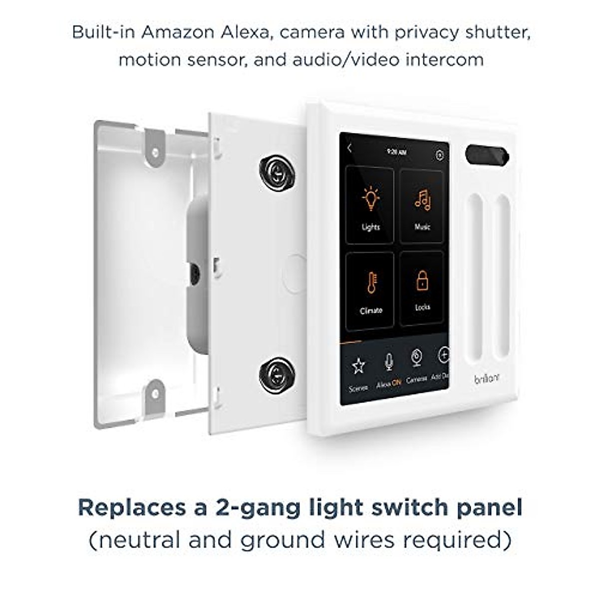 Brilliant Smart Home Control (2-Switch Panel) — Alexa Built-In & Compatible with Ring, Sonos, Hue, Google Nest, Wemo, SmartThings, Apple HomeKit — In-Wall Touchscreen Control for Lights, Music, & More