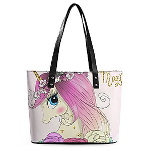 Womens Handbag Unicorn And Flowers And Butterfly Leather Tote Bag Top Handle Satchel Bags For Lady