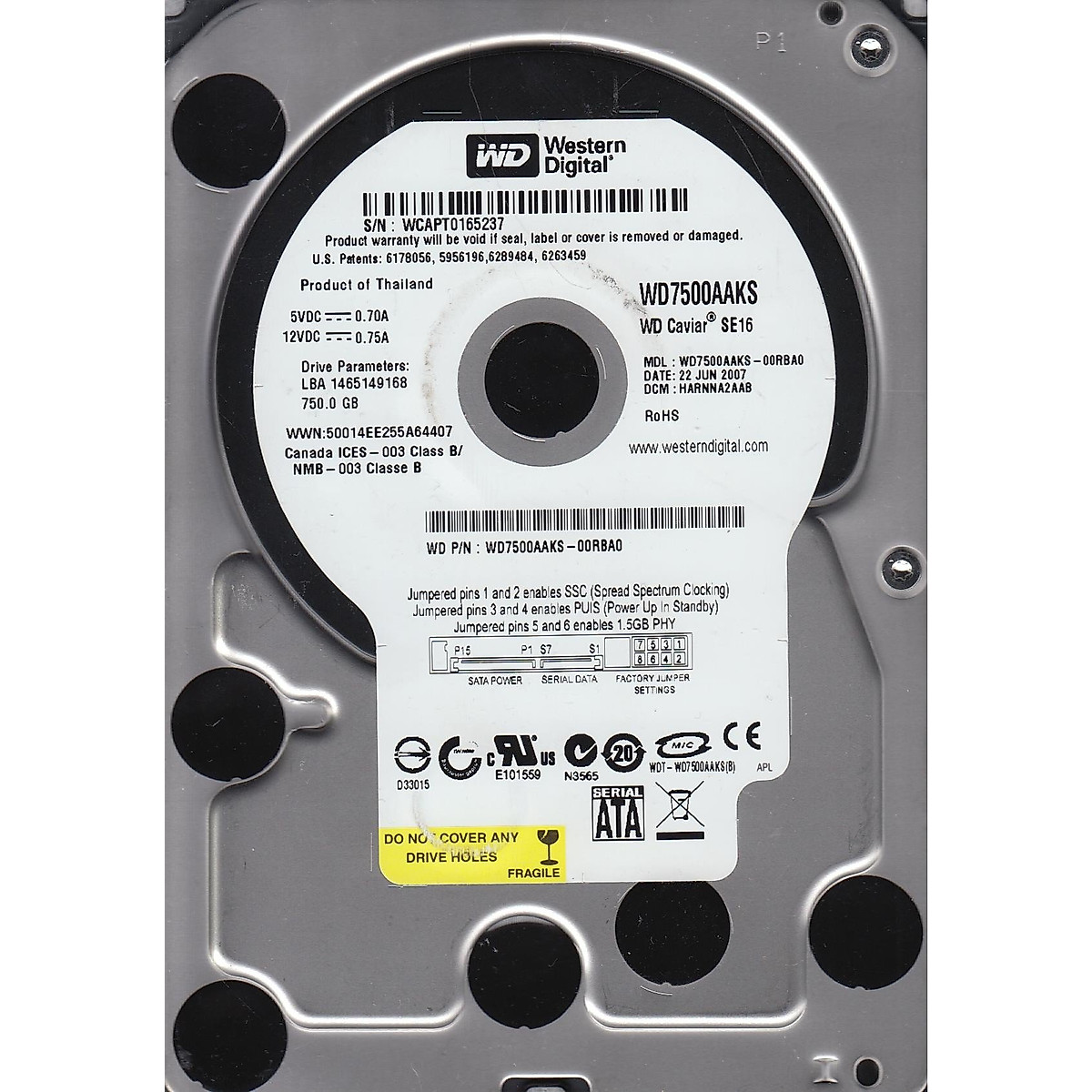 WD7500AAKS-00RBA0, DCM HARNNA2AAB, Western Digital 750GB SATA 3.5 Hard Drive