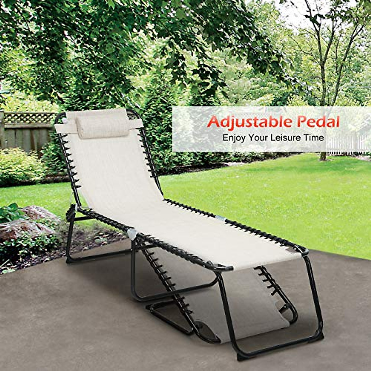 Goplus Beach Lounge Chair, Folding Chaise Lounger with Detachable Pillow & Adjustable 4-Level Backrest & 2-Level Footrest, Sun Bathing Chair for Patio Backyard Garden Outdoor