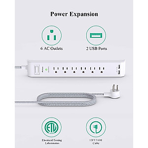 2 Pack Power Strip - 12FT Long Extension Cord, Surge Protector with 6 Outlets and 2 USB Charging Ports, Flat Plug Overload Protection, (1625W/13A/900J), Wall Mount for Home Office and Dorm, ETL Listed