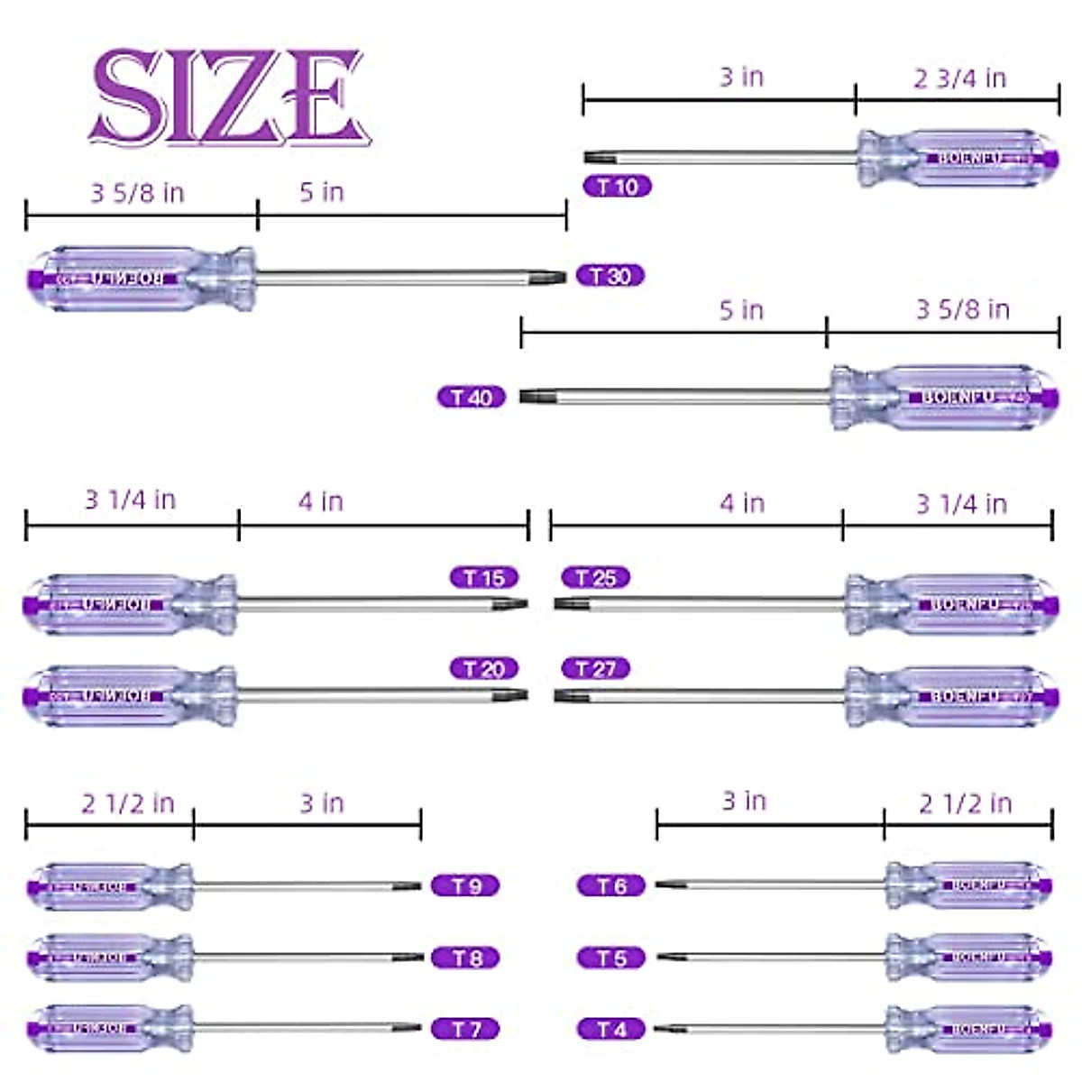 BOENFU Torx Screwdriver Set 13 PCS Heavy Duty Torx Security Screwdriver, T5 T15 T6 T8 T10 T25 T30 T7 T27 T40 T20 T9 T4 Star Shaped Drivers Set Fit Tamper Proof Screw, Purple