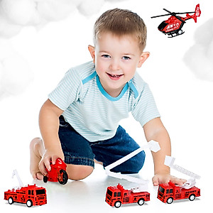 50 Pack Mini Fire Trucks Toy Bulk Firetruck Birthday Party Favor Red Vehicle Helicopter Motorcycle Party Supplies Cake Decoration and Bag Filler Gift for Kids Toddler over 6 Years, 7 Styles