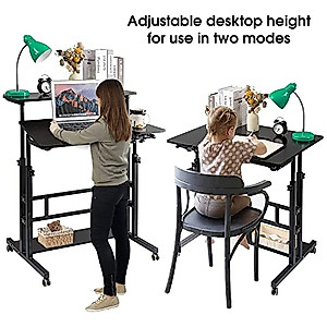 SIDUCAL Mobile Stand Up Desk, Adjustable Laptop Desk with Wheels Storage Desk Home Office Workstation, Rolling Table Laptop Cart for Standing or Sitting, Black