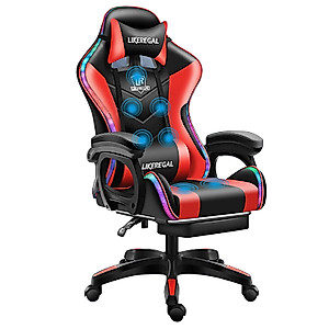 Floor Gaming Chair-135°Reclining Adjustment Gaming Chairs for Adults, with Massager Lumbar Support and Telescopic Footrest Ergonomic Office Chair, Race Game Chair (Black red)