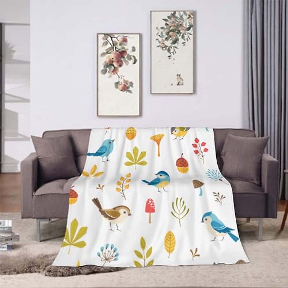 Throw Blanket 50x60 Inch,Bird Autumn Cute Forest Flannel Soft Cozy Fluffy Throw Blankets and Warm Throws for Adults in Couch Sofa Bed 60x50 Inch