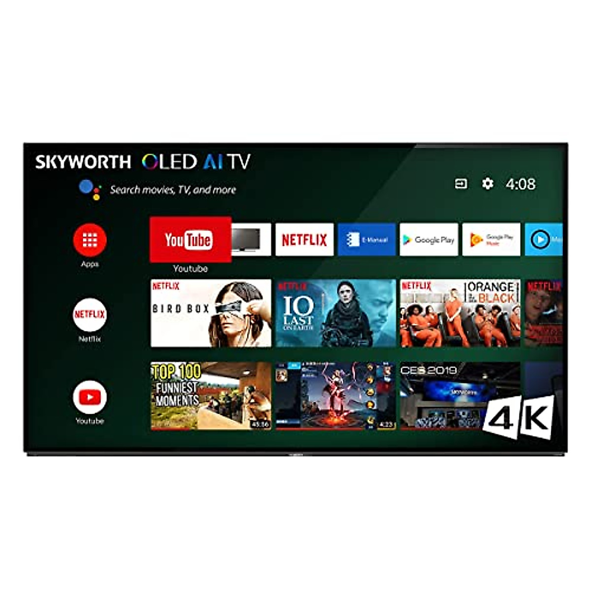 Skyworth 55-Inch OLED Series 4K 120Hz HDR Android Smart Home TV Compatible with Alexa & Google Assistant + Free Wall Mount (No Stands) 55XA8000 (Renewed)