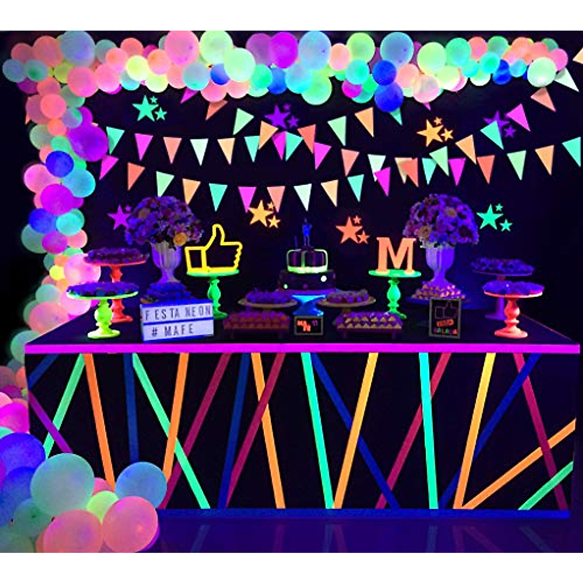 Midnight Glo 78ft Neon Paper Pennant Banner Hanging Decorations for Birthday Party Wedding Decorations Black Light Reactive UV Glow Party (6 Pack)