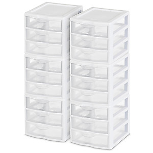 Sterilite 20738006 Small 3 Drawer Unit, White Frame with Clear Drawers, 6-Pack