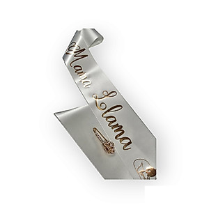 Amy's Bubbling Boutique Mama Llama Baby Shower Sash for Mom to Be White & Rose Gold with Adjustable Rhinestone Safety Pin