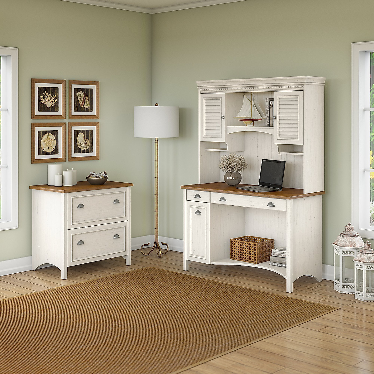 Bush Furniture Fairview Computer Desk with Hutch and 2 Drawer Lateral File Cabinet, Antique White