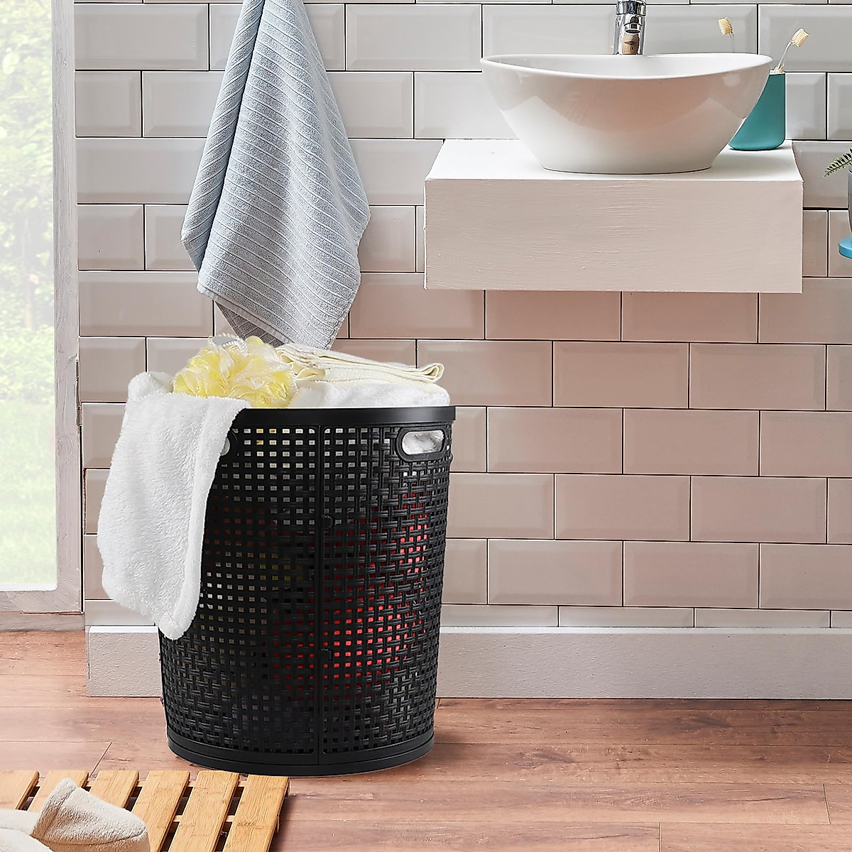 Eagrye 2-Pack Round Plastic Storage Laundry Basket, 40 L Laundry Hamper, Black, F