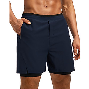 Pudolla Men's 2 in 1 Running Shorts 7" Lightweight Workout Athletic Gym Shorts for Men with Zipper Pockets(Navy Medium)