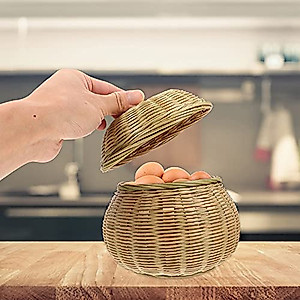 YARNOW Bamboo Woven Basket with Lid Rattan Braid Chess Cans Wicker Bowls Round Seagrass Baskets Boho Home Decor for Home Kitchen Snake Appetizer Food Storage 14. 5X14. 5CM