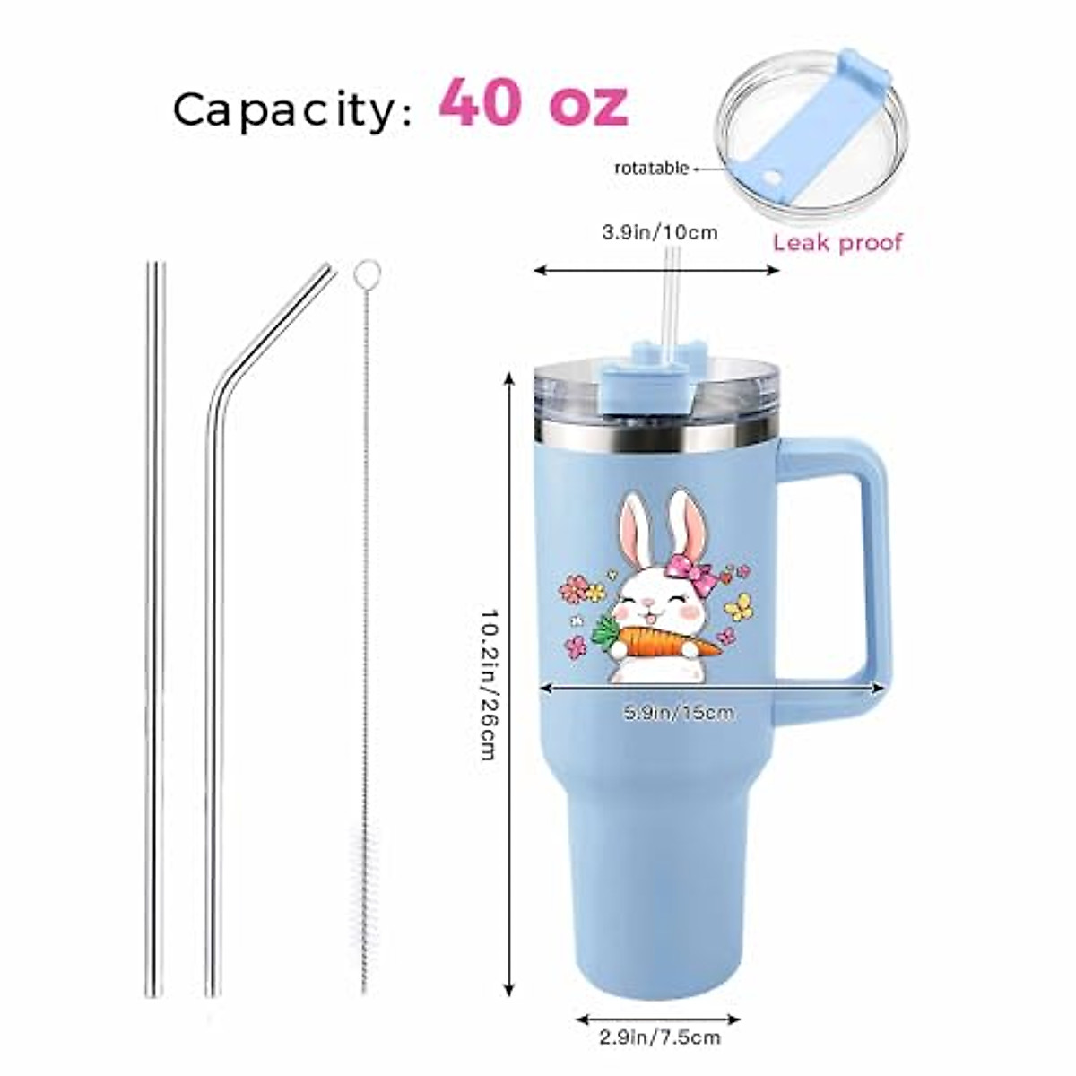 40 ounce insulated cup with handle, double-layer vacuum stainless steel material, equipped with straw, can keep warm or maintain cold drinks Easter Rabbit Carrot 1 wathet
