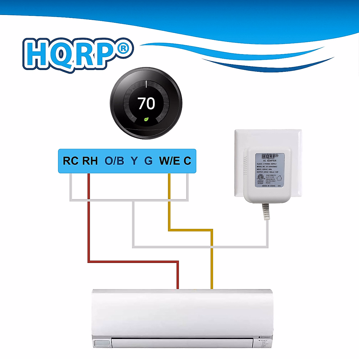 HQRP C Wire Adapter 24V AC Transformer Compatible with Ecobee Nest Honeywell Emerson Ecobee4 Smart WiFi Thermostat, 25ft Cable, White, ETL Listed