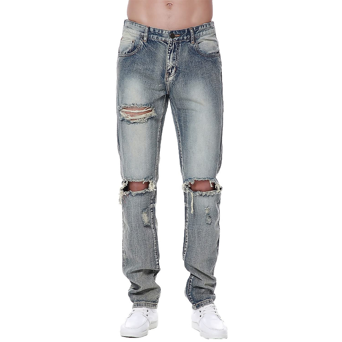 Previn Men's Ripped Denim Jeans Distressed Slim Trousers Destroy Holes Stretch Biker Pants Style1 40W x 32L