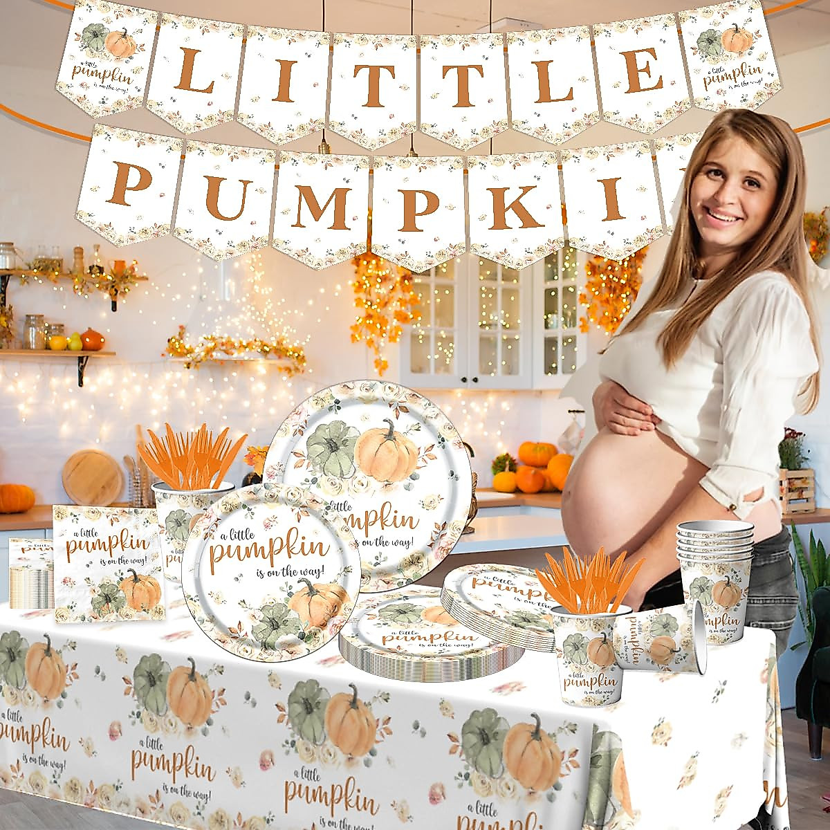 Little Pumpkin Baby Shower Tableware Party Decorations A Little Pumpkin is on The Way Fall Farm Pumpkin Floral Thanksgiving Party Supplies Disposable Tablecloth,Plates,Napkins,Cups