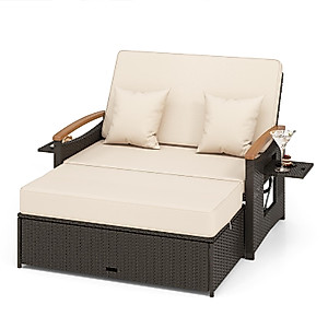 Moccha Outdoor Wicker Daybed, Patio Rattan Loveseat Sofa w/ 4-Level Adjustable Backrest, Folding Panels, Storage Ottoman & Cushions, Lounge Furniture Set for Poolside Backyard Porch (Beige)