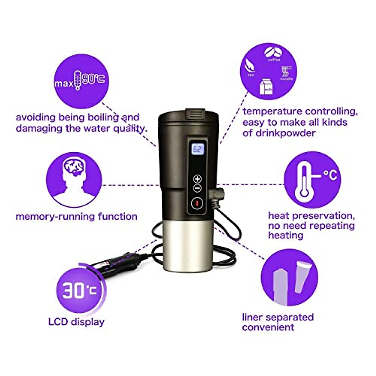 Smart Temperature Control Travel Coffee Mug GEEZO Electric Heated Travel Mug 12V Stainless Steel Tumbler Smart Heating Car Cup Keep Milk Warm LCD Display Easily Washing Safe for use