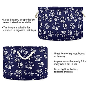 ALAZA Large Storage Basket for Toys White Dog Printed Blue Round Blanket Basket Laundry Hamper Canvas Organizer Bin Box Cotton Rope Collapsible Bucket Pillow Home Decor