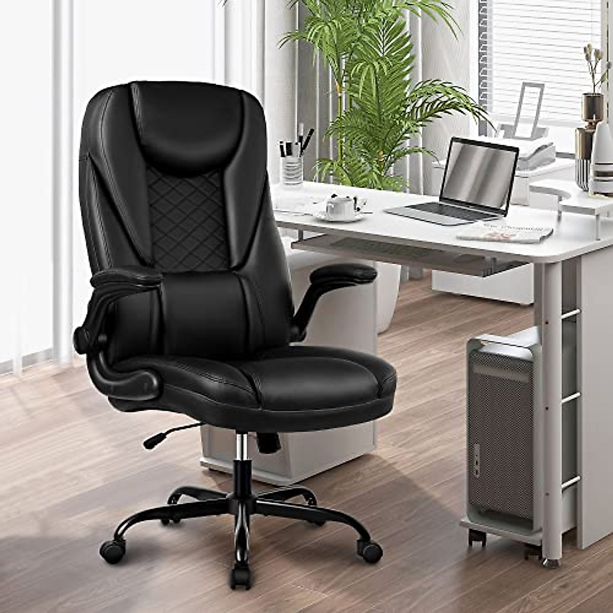 Guessky Office Chair, Executive Office Chair Big and Tall Office Chair Ergonomic Leather Chair with Adjustable Flip-Up Arms High Back Home Office Desk Chairs Computer Chair with Lumbar Support (Black)