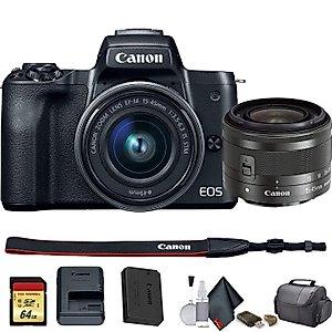 Canon EOS M50 Mirrorless Vlogging Digital Camera with 15-45mm Lens + Camera Bag + 64GB Memory Card + Cleaing Set + More (International Model) (2680C011) - Starter Bundle (Renewed)