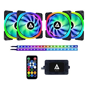 Apevia LP412L2S-RGB Lunar Pro 120mm Silent Dual-Ring RGB Color Changing LED Fan with Remote Control, 28x LEDs & 8X Anti-Vibration Rubber Pads w/ 2 Magnetic LED Strips (4+2-pk)
