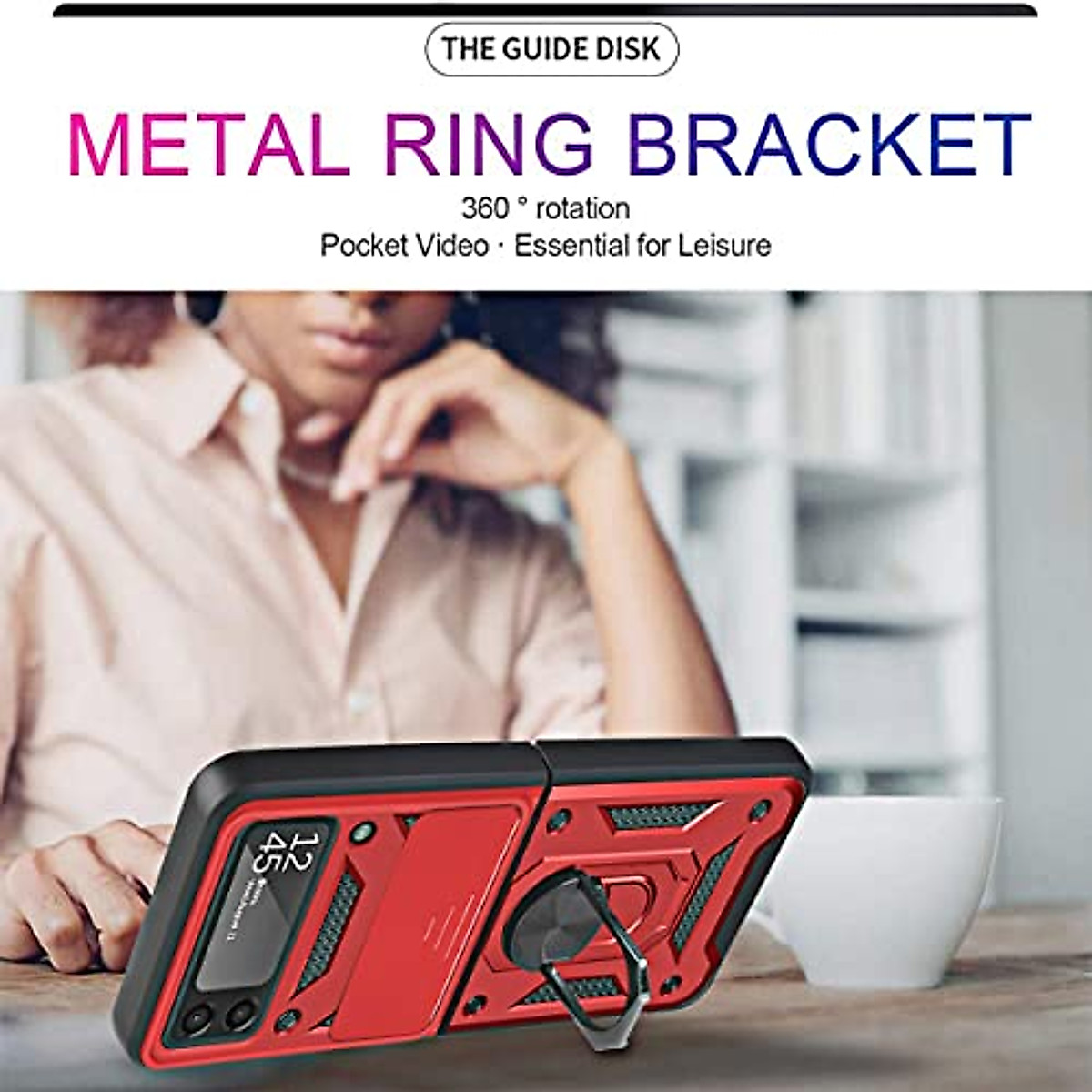 ONOLA for Galaxy Z Flip 3 Case with Slide Camera Cover, with 360°Rotate Ring Magnetic Kickstand Military Heavy Duty Protective Case for Samsung Galaxy Z Flip 3 5G (Red)