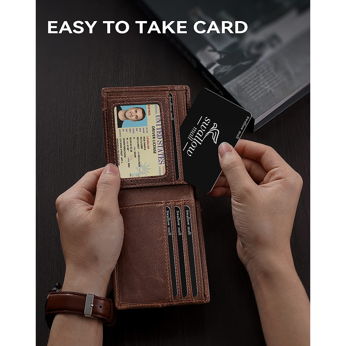 Swallowmall Mens Wallet RFID-Blocking Genuine Leather Slim Bifold Wallets for Men Leather Wallets Minimalist Front Pocket ID Window 8 Cards Holders Gift Box