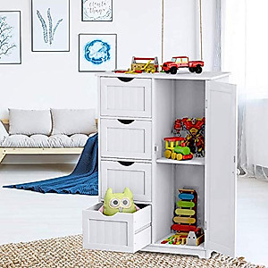 Giantex Bathroom Floor Cabinet Wooden with 1 Door & 4 Drawer, Free Standing Wooden Entryway Cupboard Spacesaver Cabinet, White