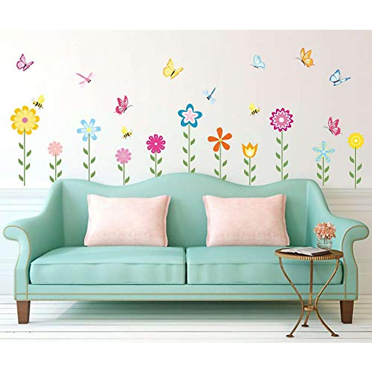 IKEYU Garden Flower Wall Decals Colorful Flower Wall Stickers Spring Garden Wall Stickers Flower Butterfly Wall Stickers for Bedroom Girls Room Kids Nursery