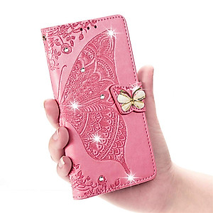 COTDINFOR Wallet Case for Google Pixel 8 Case Crystal Glitter Bling with Card Holder Stand Leather Flip Wallet Phone Case Diamond Butterfly Protective Case for Google Pixel 8 Crystal Pink