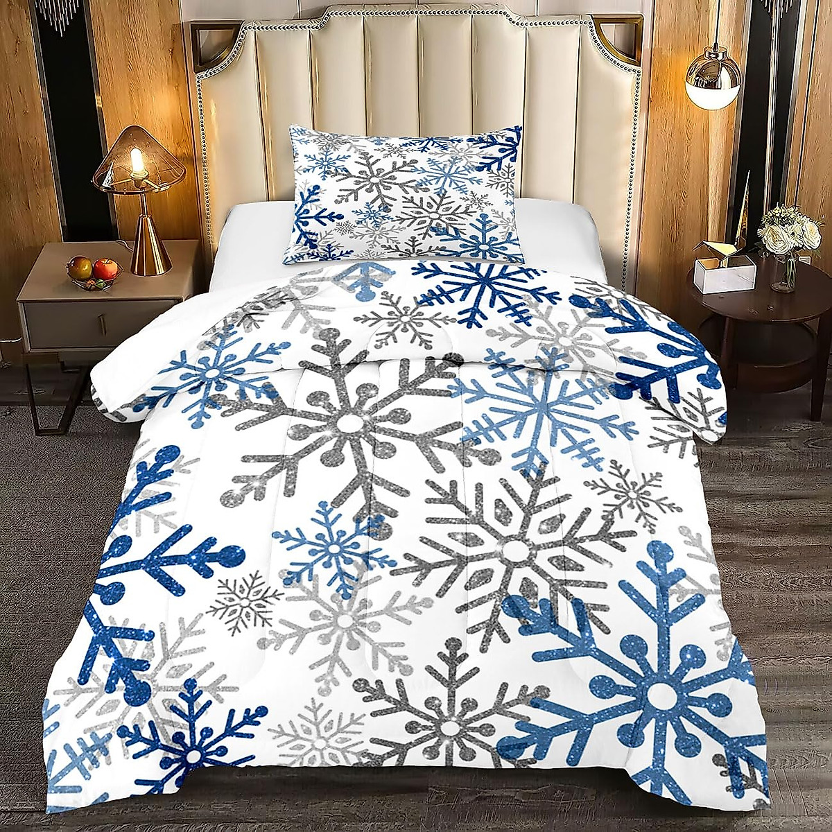 Yilinata Blue Snowflake Comforter Set Winter Christmas Frozen Printed Quilt Bedding Set with 1 Comforter and 2 Pillow Covers for Bedroom Dormroom All Season King 104x90inches